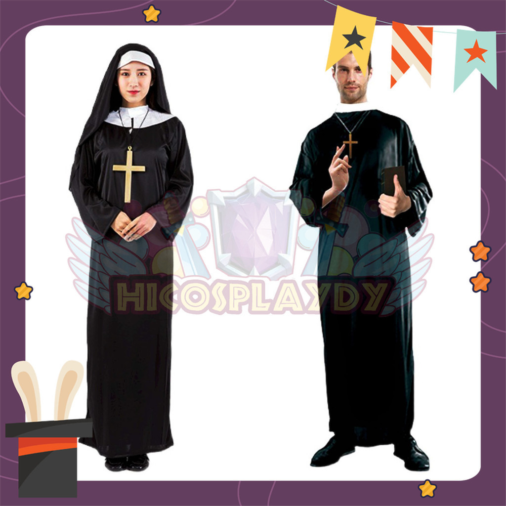 hiCosplayDy Adult Women Nun Men Priest Costume Set Halloween Cosplay ...