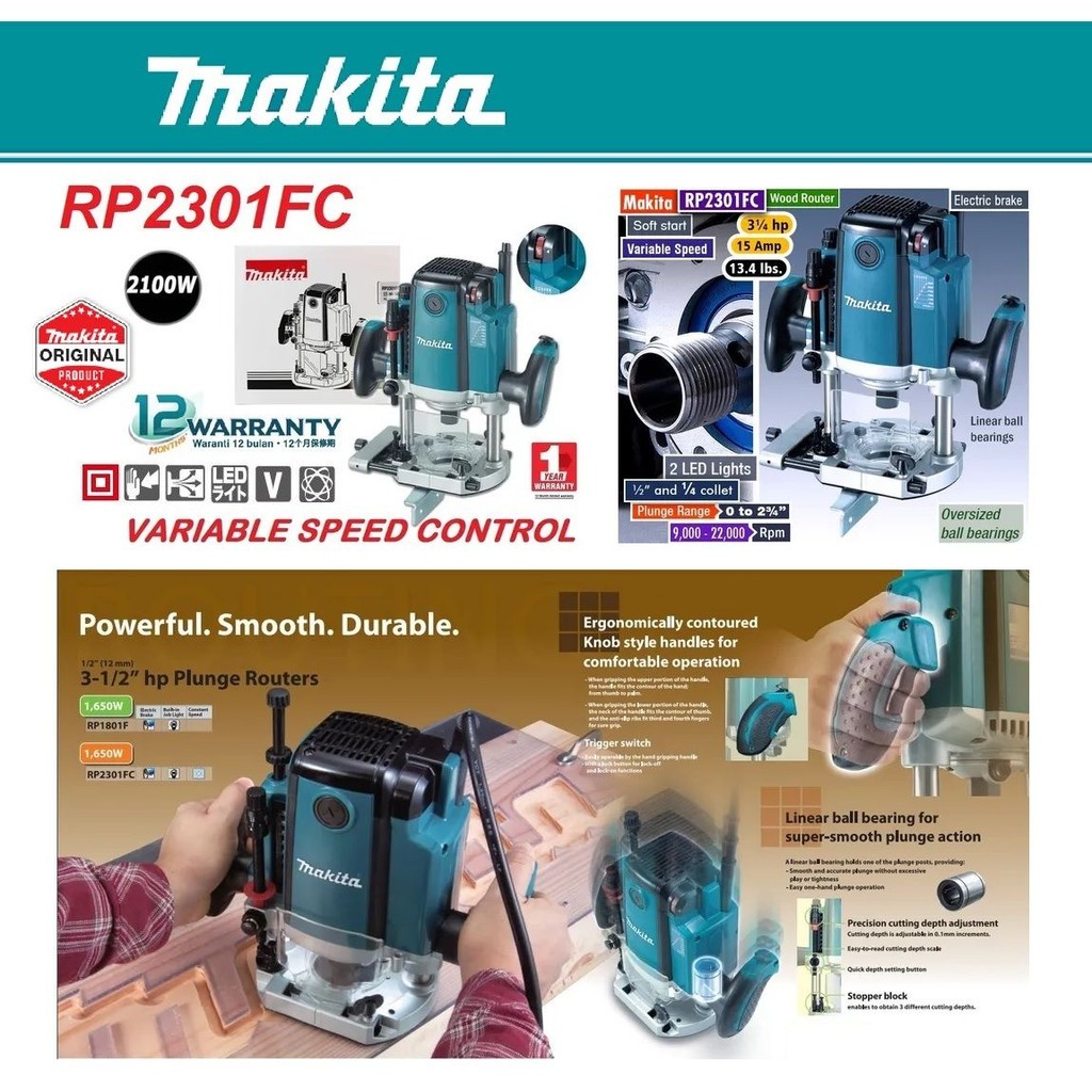 Makita RP2301FC (12mm) Variable-Speed Plunge Wood Router 2100W | Shopee ...