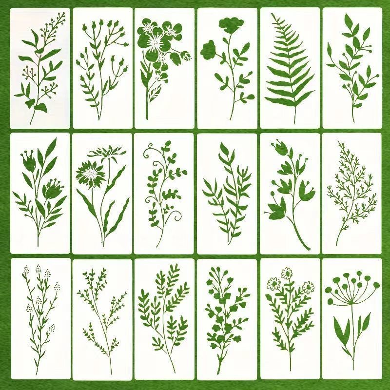 18 Keping Corak Tema Rumput Liar dan Bunga Stensil Lukisan Berongga DIY ...