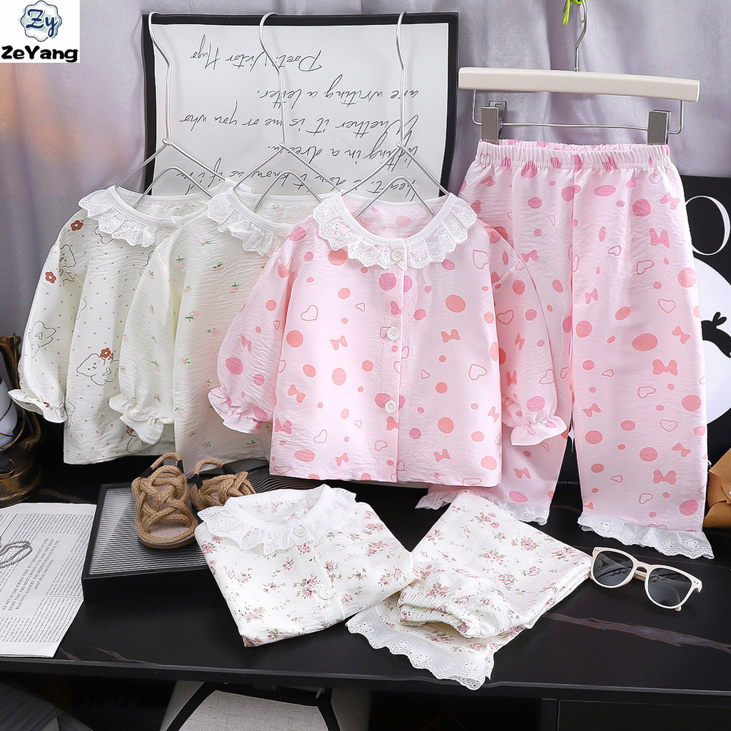 [ZY] 70-160 Ready Stock Children's Lace Homewear Casual Cardigan Suit ...