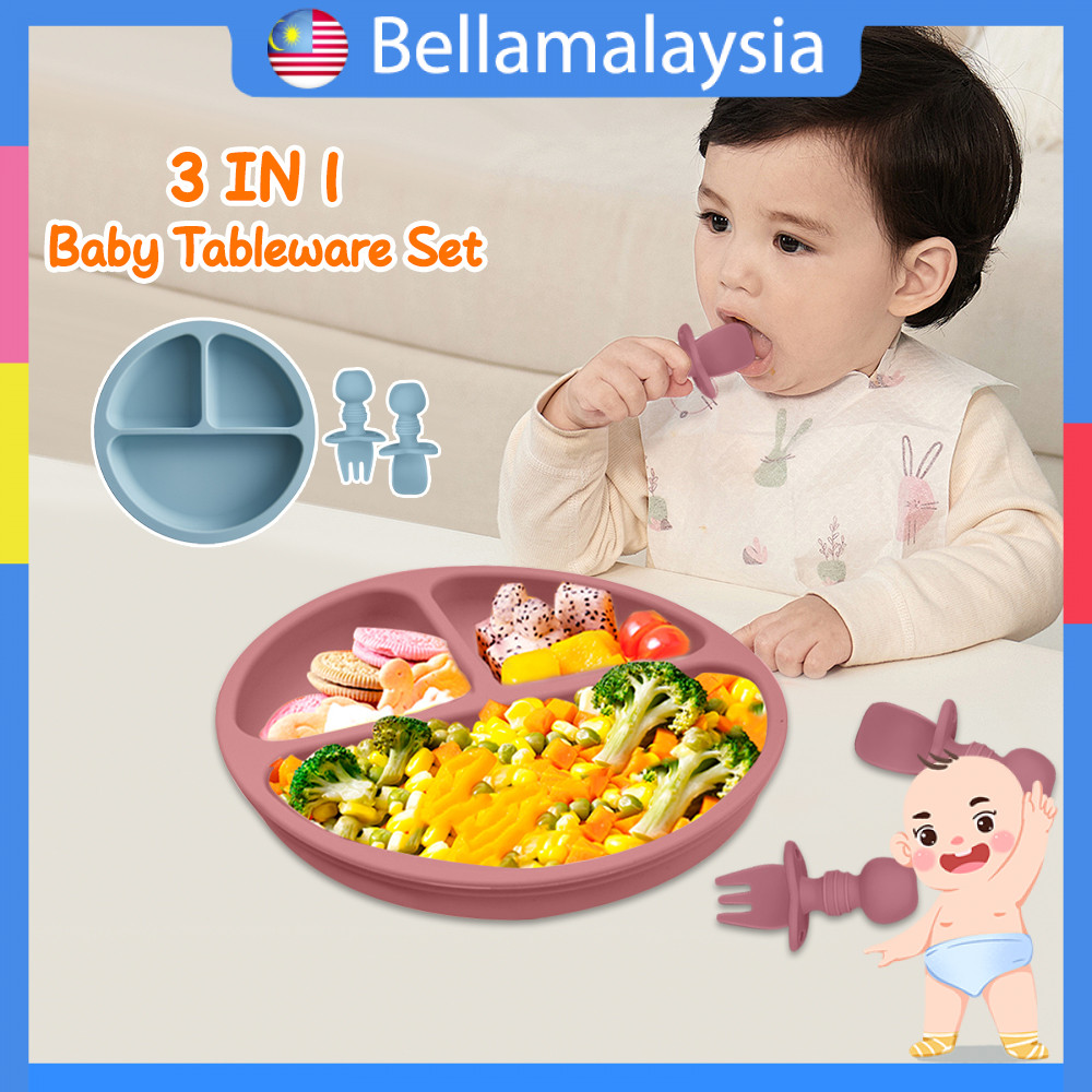Bella 3IN1 Baby Feeding Set Silicone Plate And Short Spoon Fork Set ...
