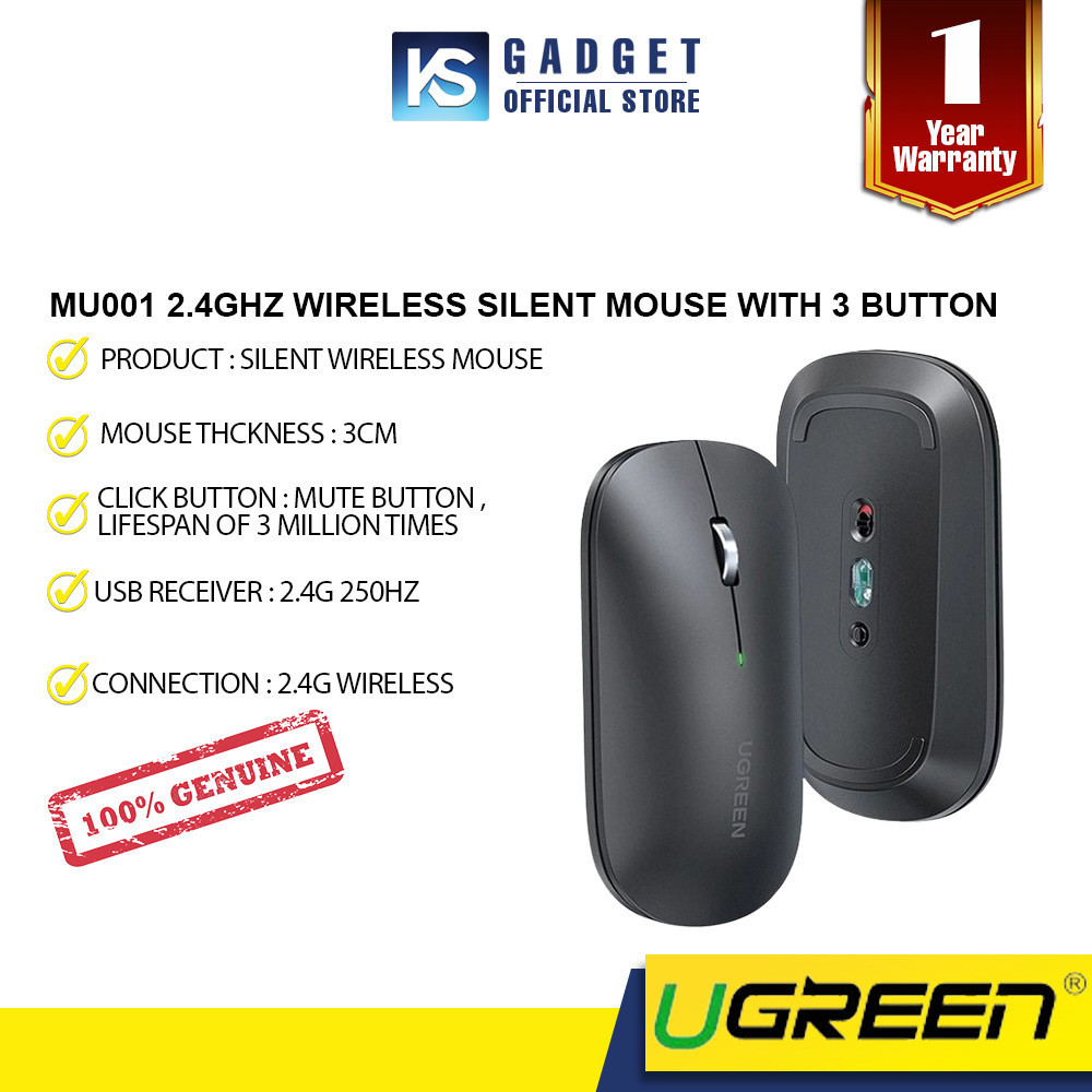 UGREEN MU001 2.4GHZ WIRELESS SILENT MOUSE WITH 3 BUTTONS 4000DPI THIN ...