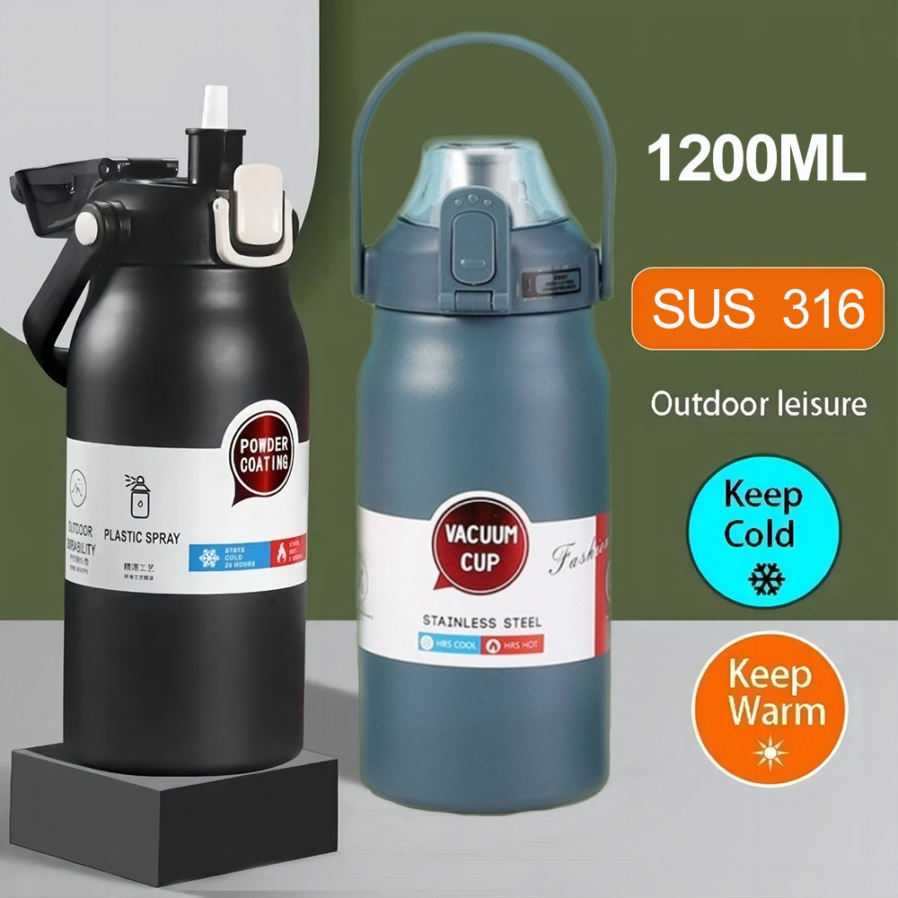 1200ml Thermos Flask Water Bottle with Straw Sports 316 Stainless Steel ...