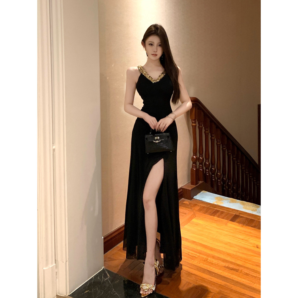 Korean Black Off Shoulder Elegant Evening Prom Cocktail Split Long ...