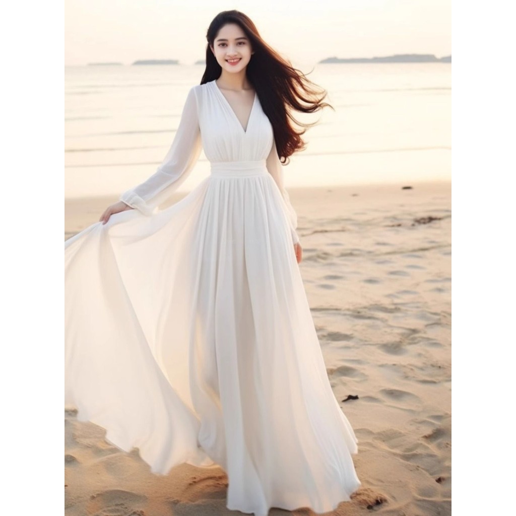 Korean White Elegant Retro Chiffon Civil Wedding Graduation Debut Long ...