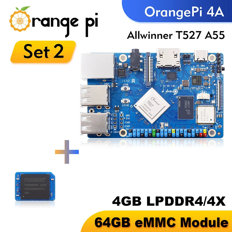 Orange Pi 4A 4GB RAM + 64GB eMMC Module Single Board Computer Allwinner T527 WiFi+BT5.0 BLE M2 ...