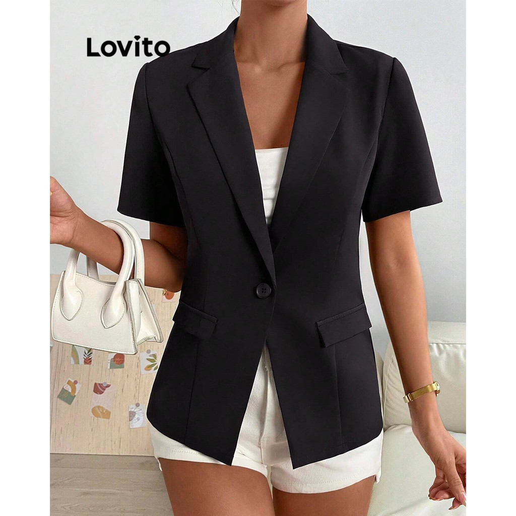 Lovito Elegant Plain Structure Line Notched Collar Blazer for Women LBL09290 Lovito Blazer Kerah ...