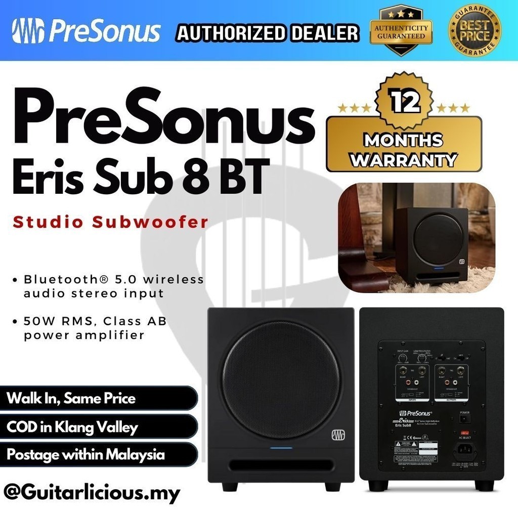 PreSonus Eris Sub 8 BT 5.0 Wireless Audio Stereo Input Studio Subwoofer ...