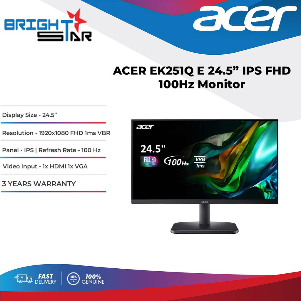ACER EK251Q E 24.5" FHD Monitor (100Hz/IPS/1x HDMI/1x VGA) | Shopee ...