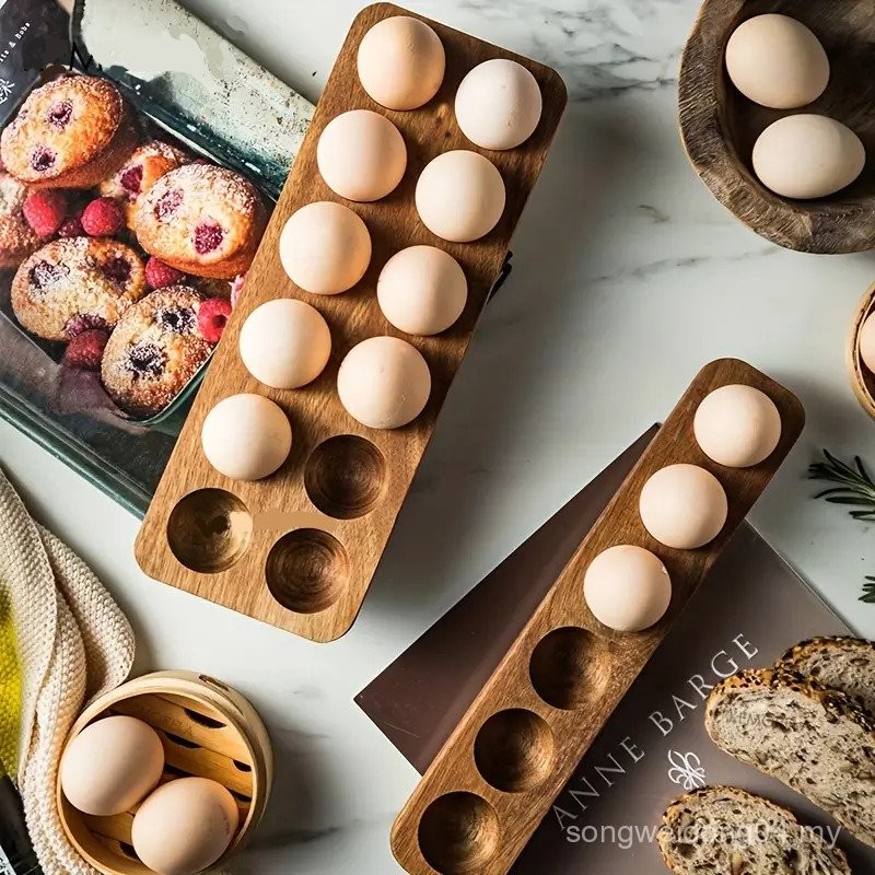 Japanese Style Solid Wood Egg Storage Box Acacia Wood Tray Egg Storage ...