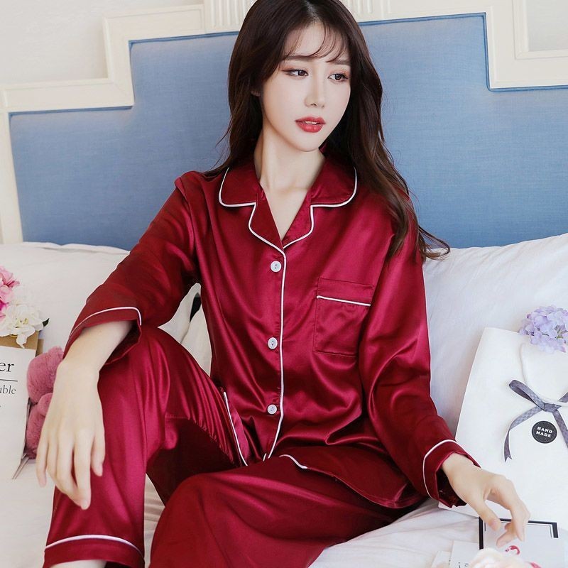 Autumn Winter Pajamas Ladies Ice Silk Long Sleeved Loungewear Suit Thin