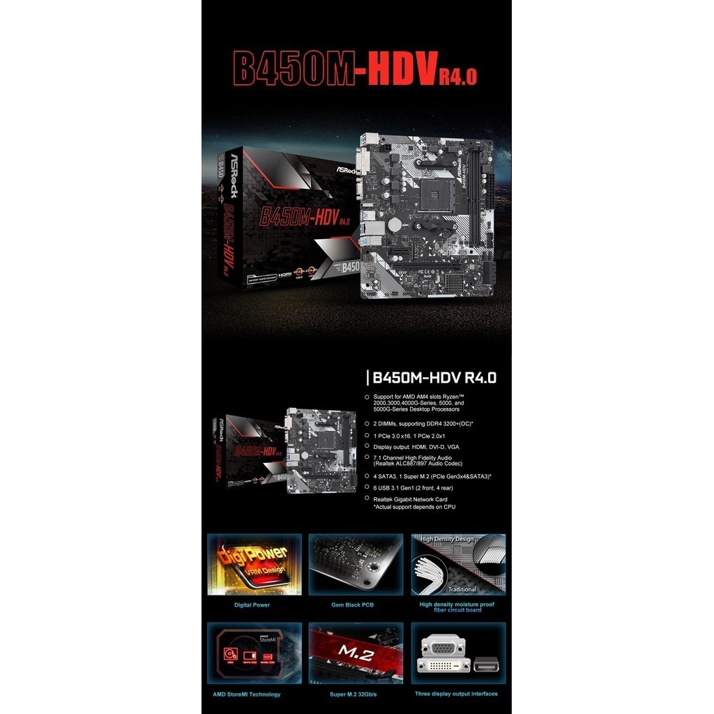 ASROCK B450M-HDV R4.0 Motherboard AMD AM4 2×DDR4 PCI-E 3.0 M.2 M-ATX ...