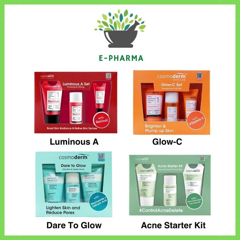 Cosmoderm Mini Set (Luninous A, Glow C, Dare To Glow, Acne starter kit ...