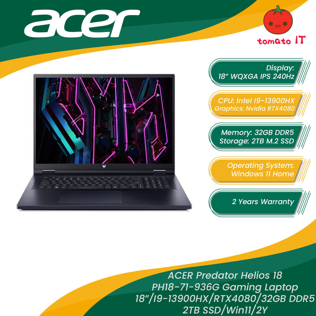 ACER Predator Helios 18 PH18-71-936G Gaming Laptop - 18" WQXGA IPS 240Hz/I9-13900HX/32GB DDR5 ...