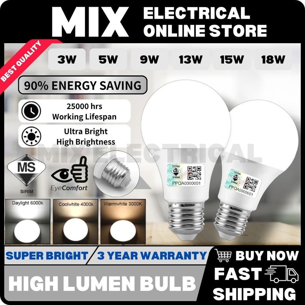 Sirim E27 LED Bulb Downlight 3W 5W 9W 13W 15W 18W Bulb Mentol Lampu Table Lamp Ceiling Down ...