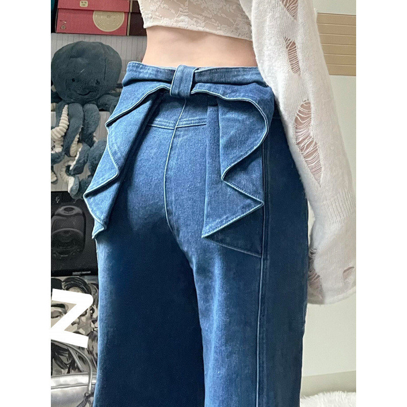 Jeans Women Back Waist Bow Double Curve Modified Blue | Shopee Malaysia