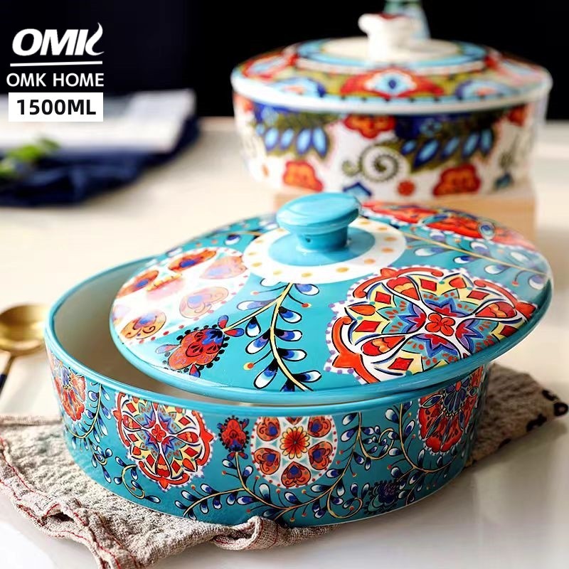 OMK Hand-painted Underglaze Ceramic Lidded Bowl Storage Box Dim Sum ...