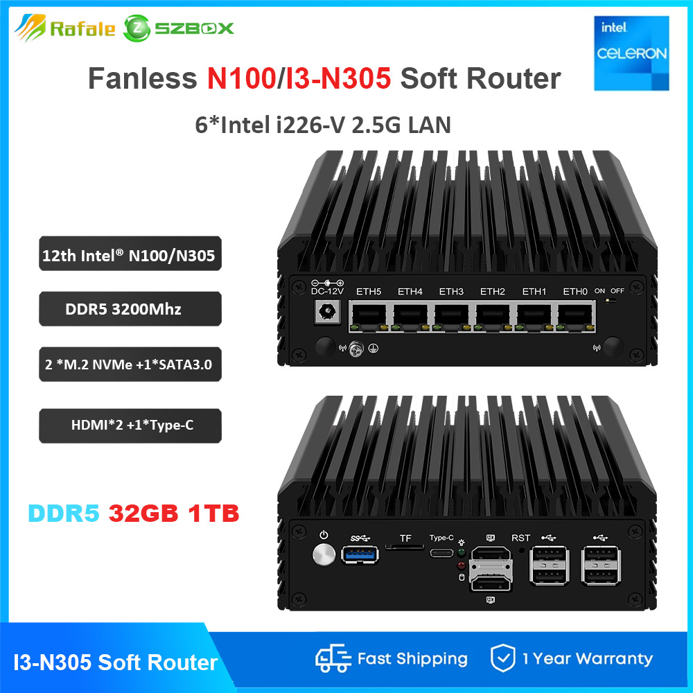 Fanless Mini PC 6x i226-V 6 LAN 2.5G Firewall Router 12th Gen Intel i3 ...