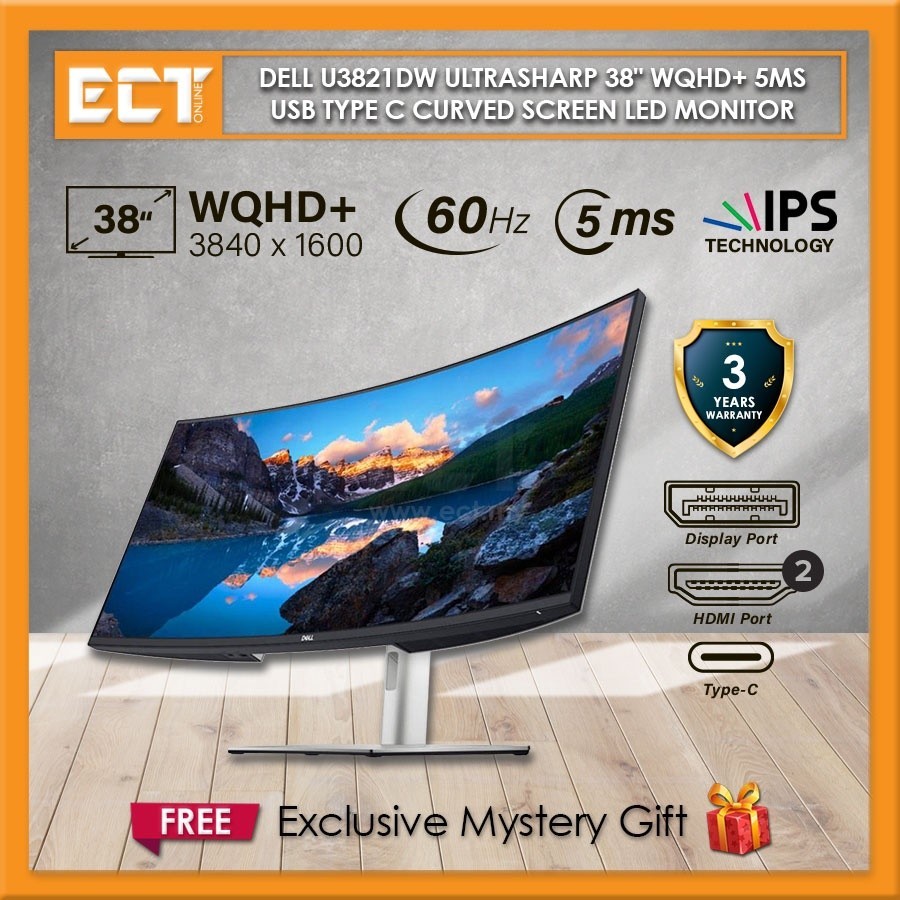 Dell U3821DW UltraSharp 38" WQHD+ 3840 x 1600 5MS USB Type C Curved ...