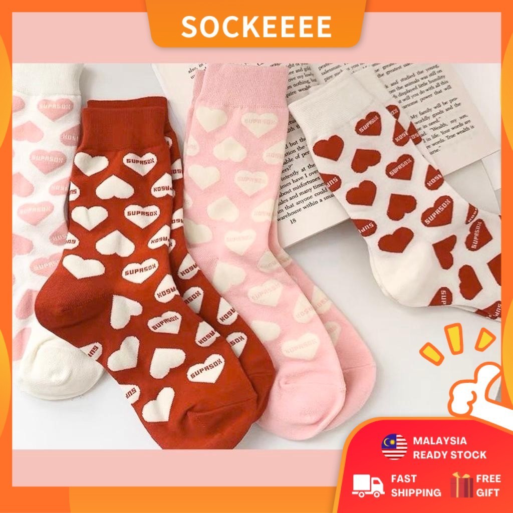 [Ready Stock] Sockeeee 1 Pair Cute Pink Heart Sock Crew Socks Women ...