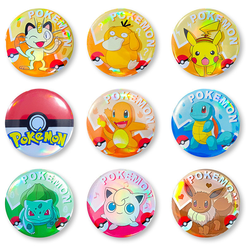 Cartoon Laser Colorful Pokemon Badge Pikachu Bar Tinplate Badge Frosted ...