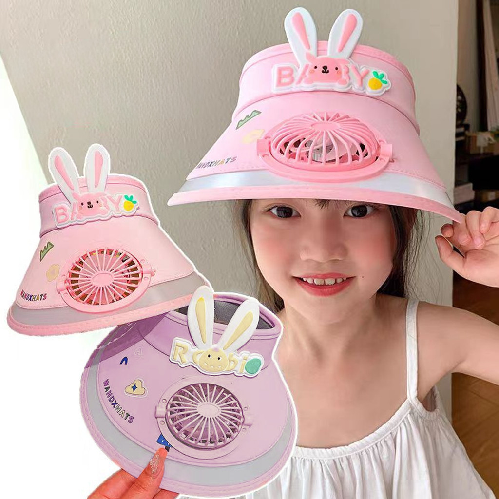 PHO- Kids Fan Sun Visor Hat Cartoon Bunny Breathable Summer UV ...