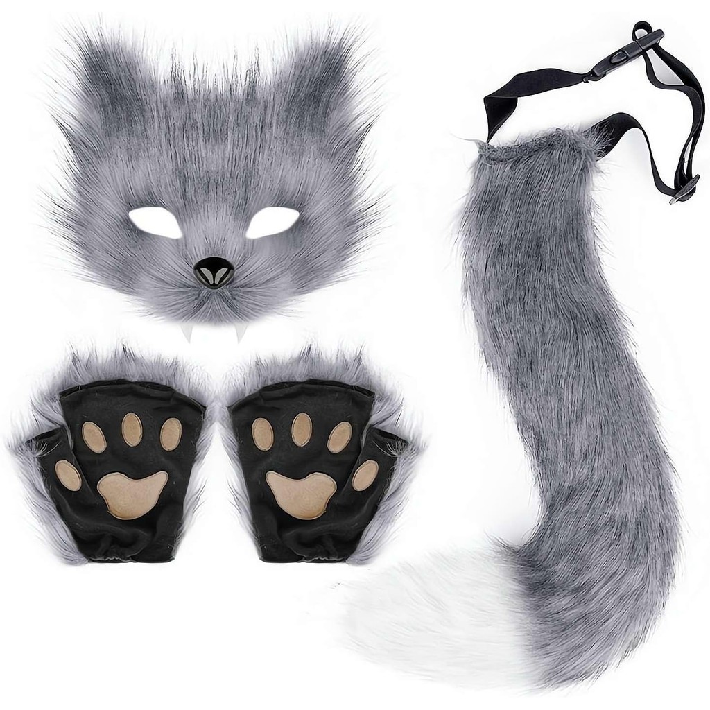 Fgbetcv Cat Mask an Tail Set, Animal Mask Furry Mask Wolf Mask,Long ...