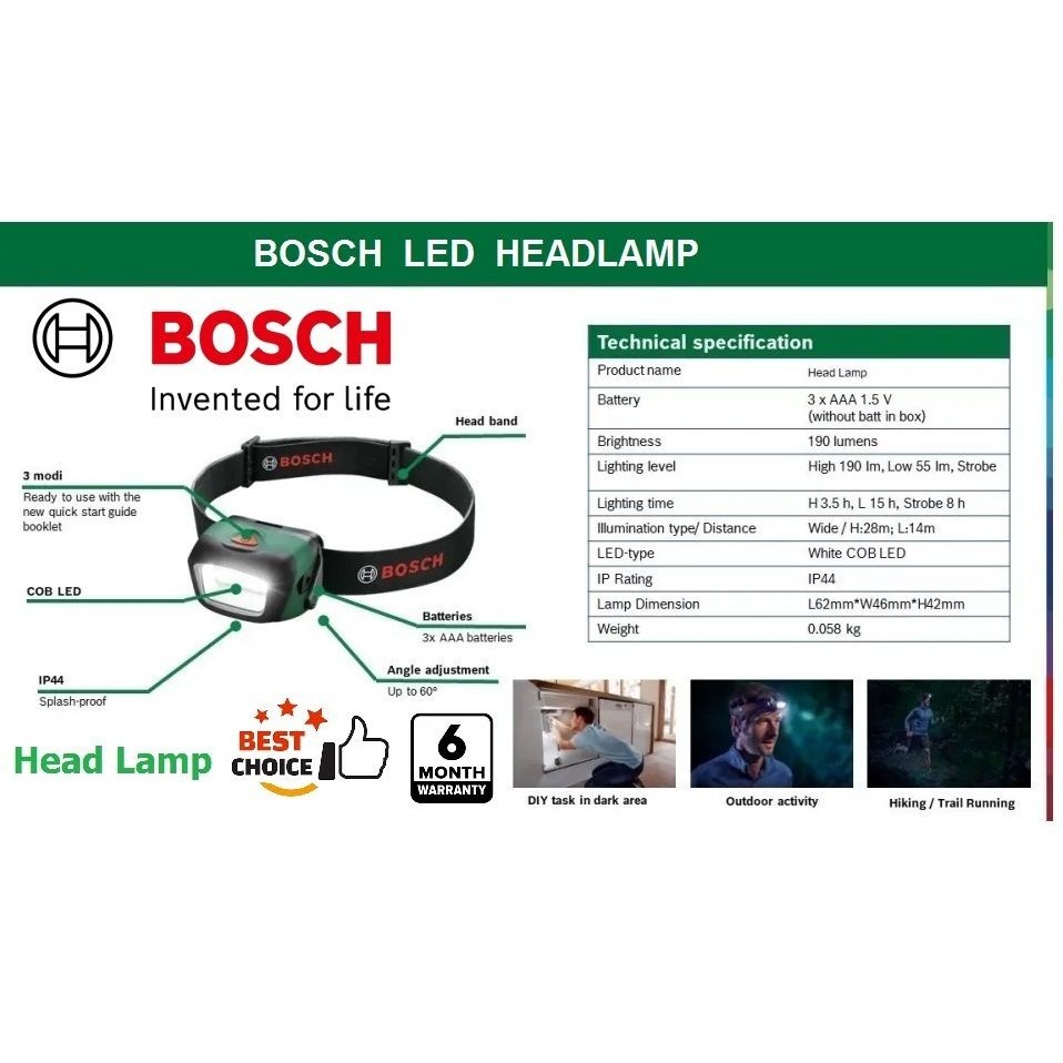 Bosch LED COB Splash-Proof IPX 4 Head Lamp (190 lumens) | Shopee Malaysia