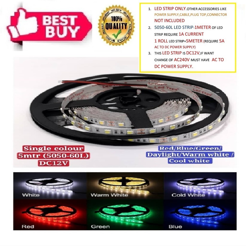 LED Strip (5 Meter) (DC12V 5050-60L) (Red/Blue/Green/Daylight/WarmWhite ...