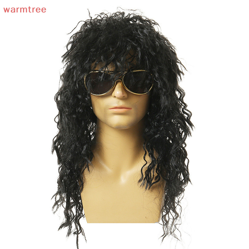 (warmtree) Men Wig Black Long Curly Wig Male Synthetic Cosplay Wigs ...