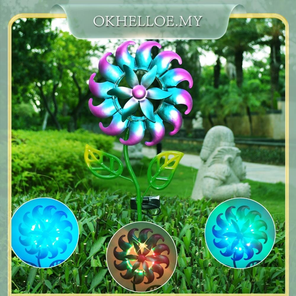 Solar Windmill Light 3D Iron Wind Spinners Lawn Ground Plug Lamp (Blue ...