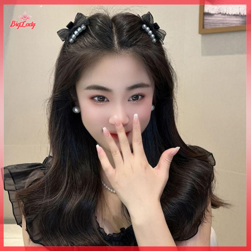 NFPH> Double-sided Bow Small Grip Pearl Mesh Hairpin Bangs Broken Hair ...