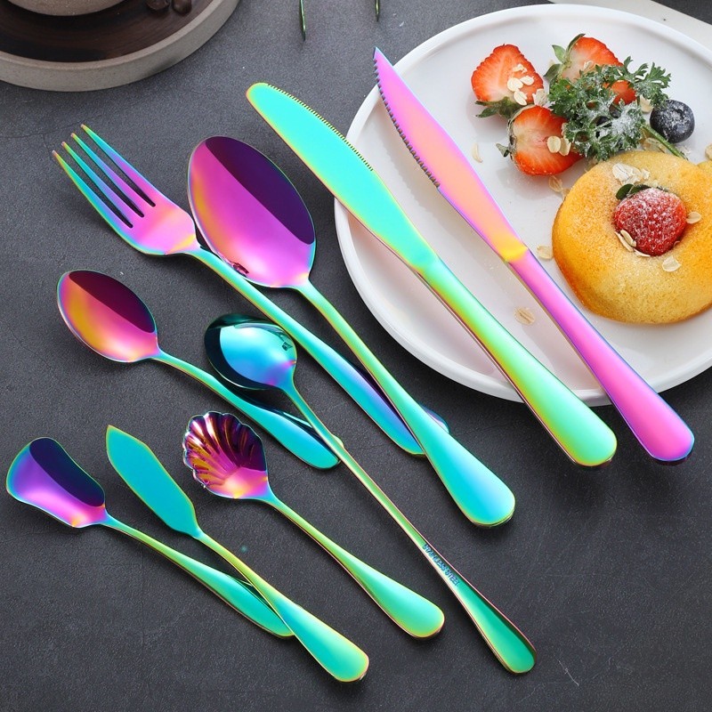 Stainless Steel Cutlery Set Rainbow Dinner Spoon And Fork Metal Dessert ...