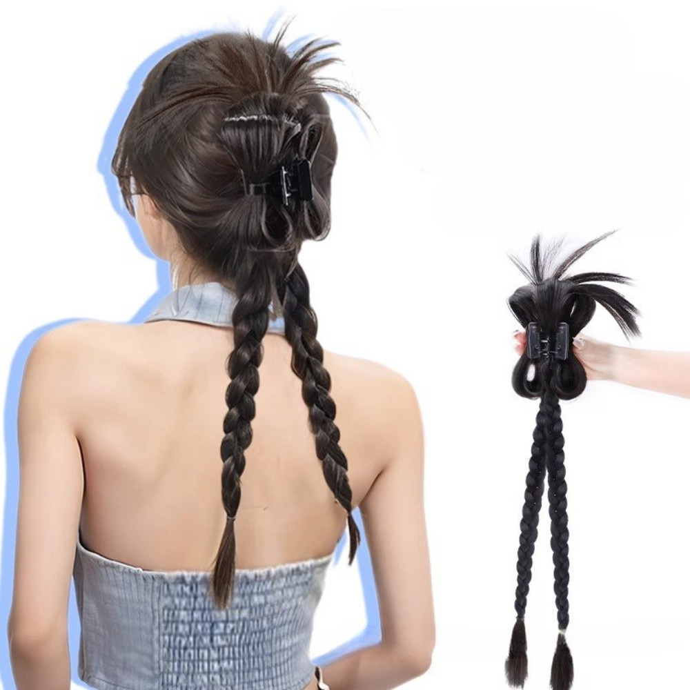 Women Bow Grabbed Clip Double Braids Wigs Messy Feather Twisted Sweet ...