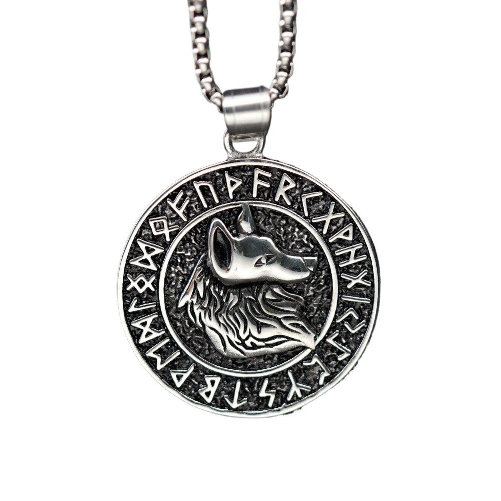 Wolf Head Viking Rune Stainless Steel Double Sided Carving Pendant ...