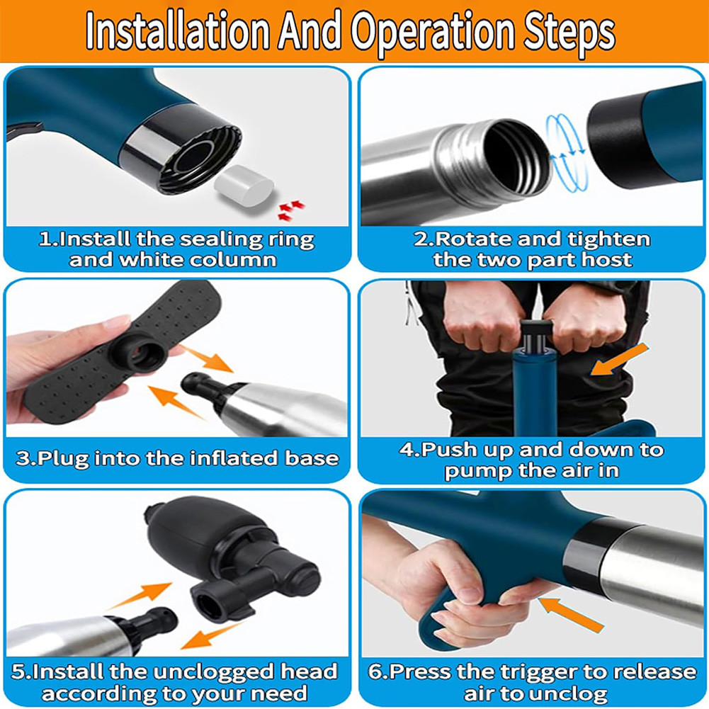 Pipe Plunger High Pressure Electric Toilet Plunger Stainless Steel Air ...