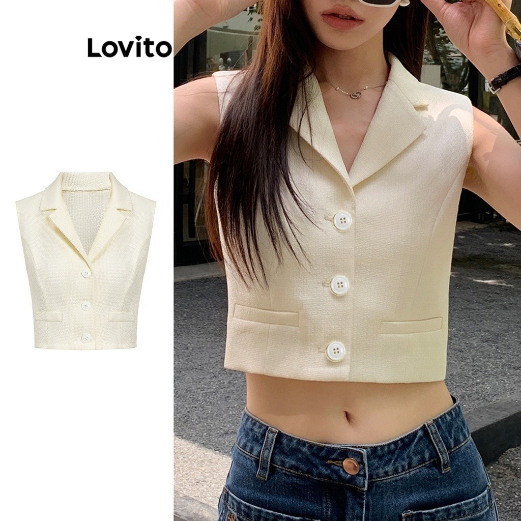 Lovito Elegant Plain Button Front Tweed Tank Top for Women L74ED129 ...