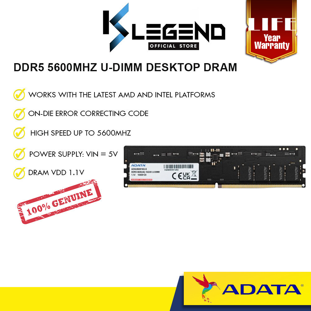 Adata DDR5 5600MHz U-DIMM DESKTOP DRAM Memory (8GB/16GB/32GB) | Shopee ...