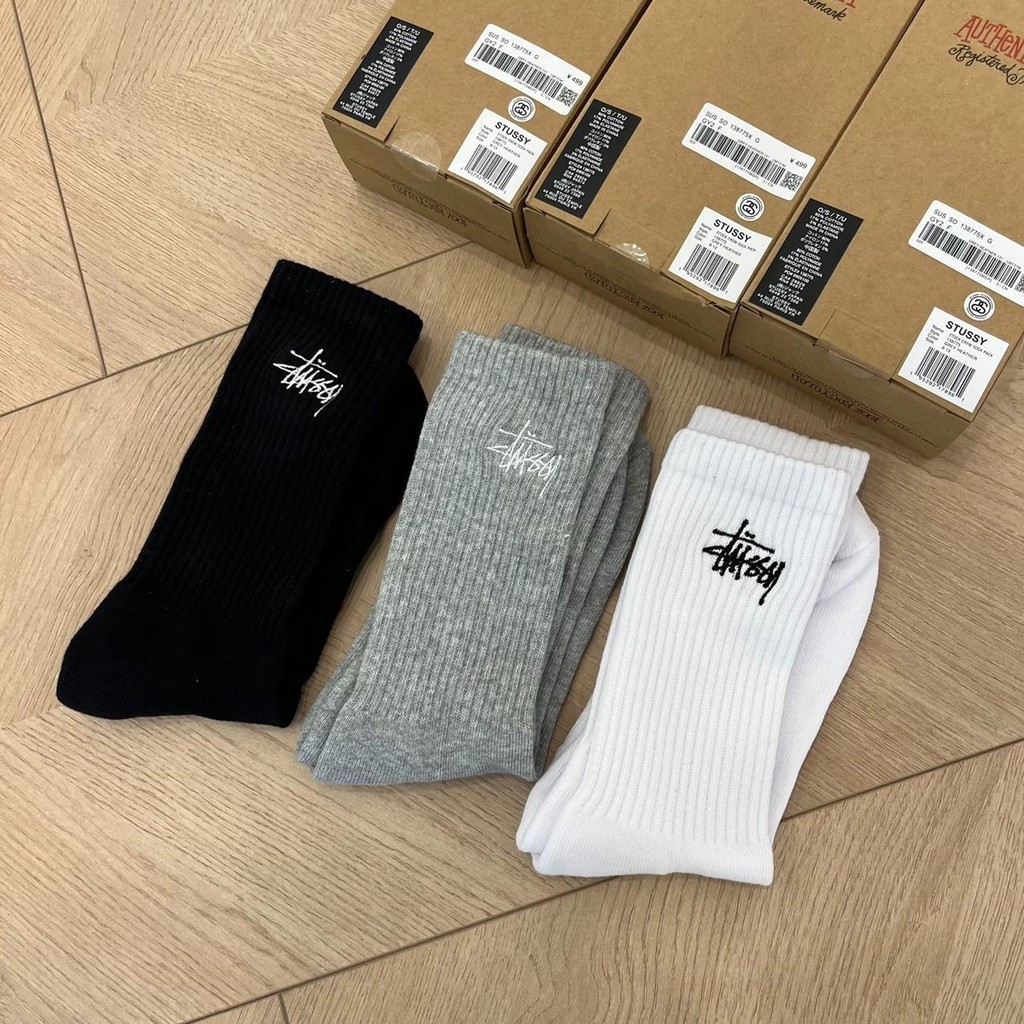 [With Box] 3in1 Stussy Stock Socks Embroidered Logo Black / White ...