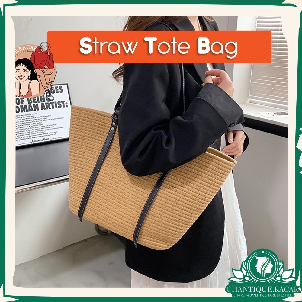 CK Women Straw Tote Bag Large Leather Strap Handmade Shoulder Casual ...