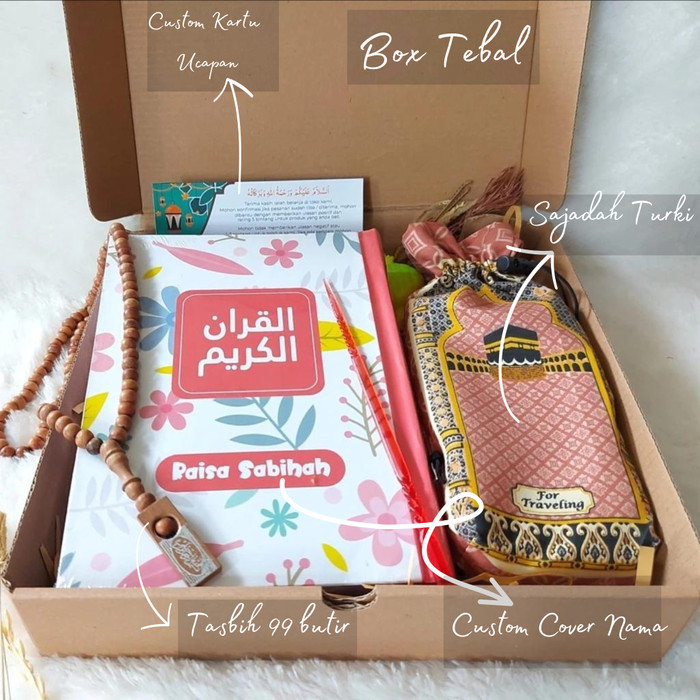 Al Qur'an Hampers Custom Name Plus Prayer Mat | Al Quran Hampers, Eid ...