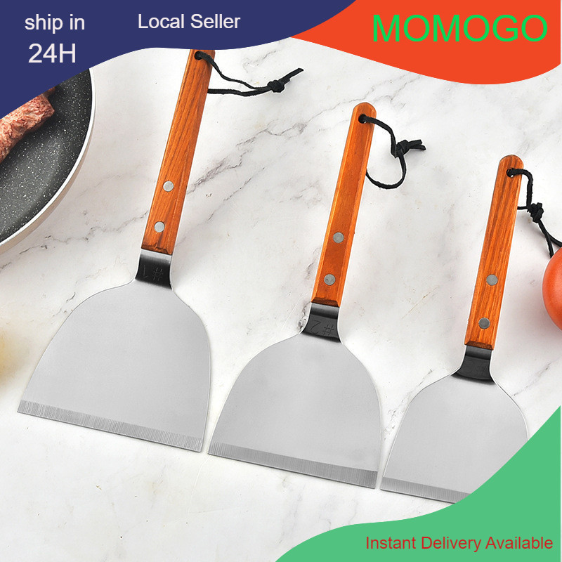 Stainless Steel Cooking Spatula Wooden Handle Teppanyaki Turner Burger ...
