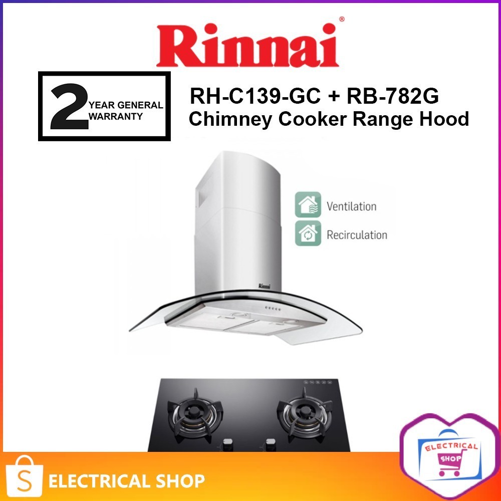 Rinnai RH-C139-GC 90cm Chimney Hood + RB-782G 2-Burner Gas Hob | Shopee ...