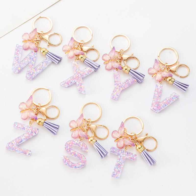 Glitter Purple Sequin Filled A-Z Letter Keychains Fashion Butterfly ...