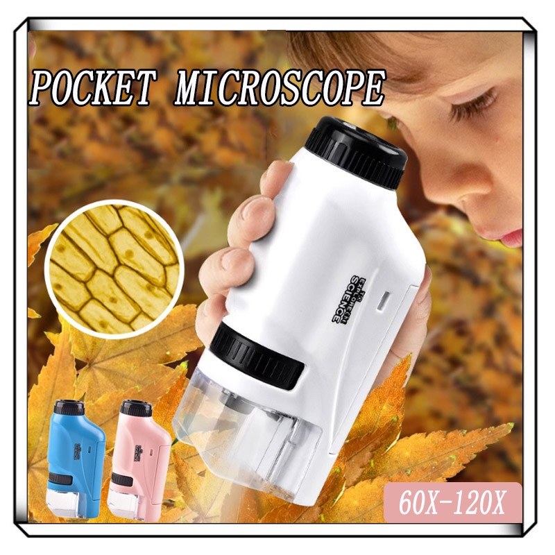 60-120x Mini Pocket Microscope Battery Powered with LED Light Kids ...