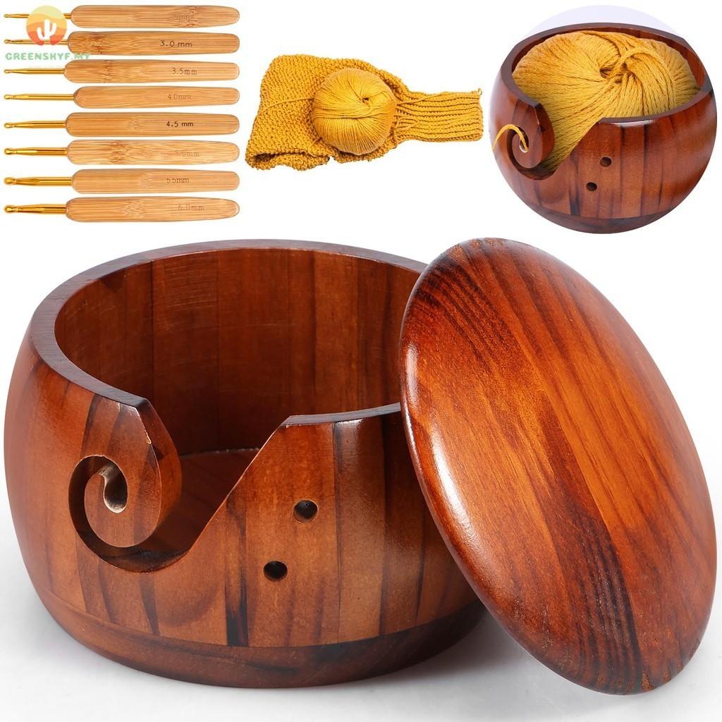 Wooden Yarn Bowl Set Round Crochet Bowl Holder with Lid Wooden Weaving ...