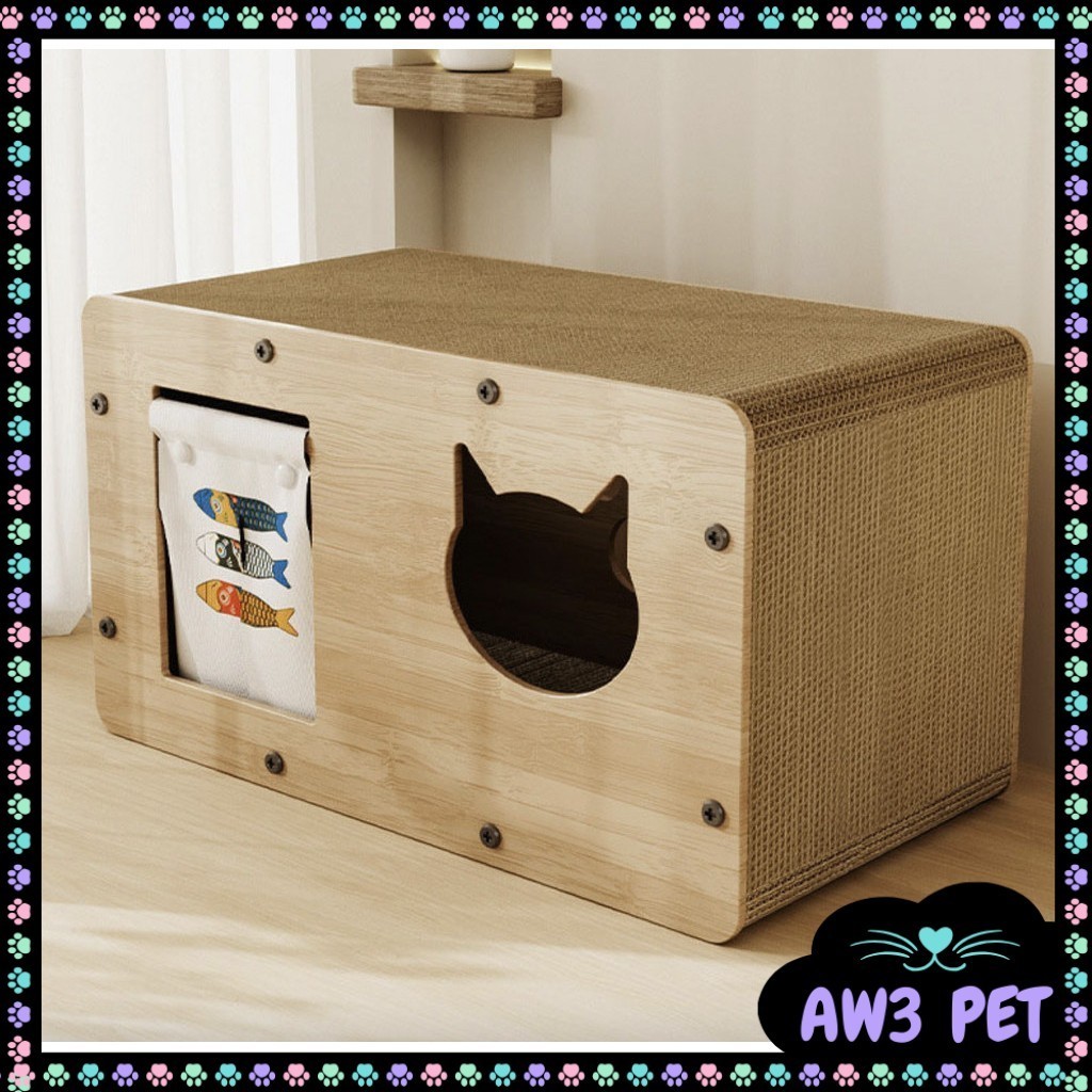 Scratch Box with Curtain House Large Cat House Wooden Cat Tunnel Double ...