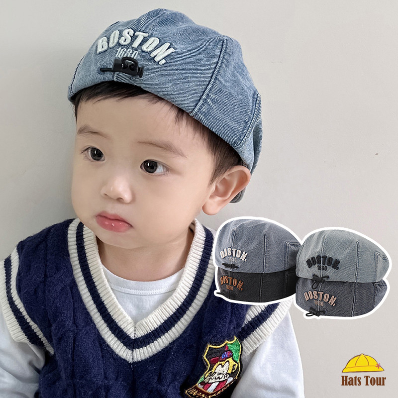 Letter Embroidery Kids Beret Hat Classic Denim Boys Girls Newsboy Cap ...