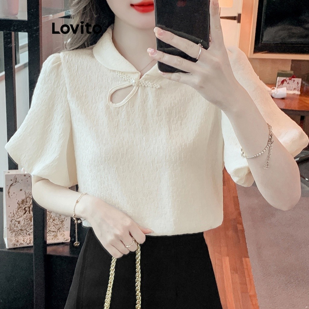 Lovito Casual Plain Jacquard Pearls Button Blouse for Women LNE36230 ...