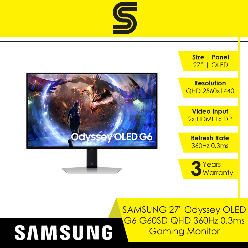 SAMSUNG 27" Odyssey OLED G6 G60SD QHD 360Hz Gaming Monitor (2x HDMI/1x DP/1x 3.5mm) | Shopee ...